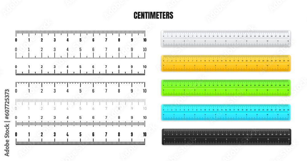 Realistic metal rulers with black centimeter scale for measuring length ...