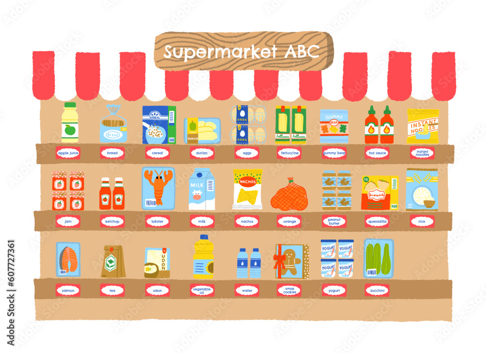 Vecteur Stock hand drawn supermarket shelves with food items. abc ...