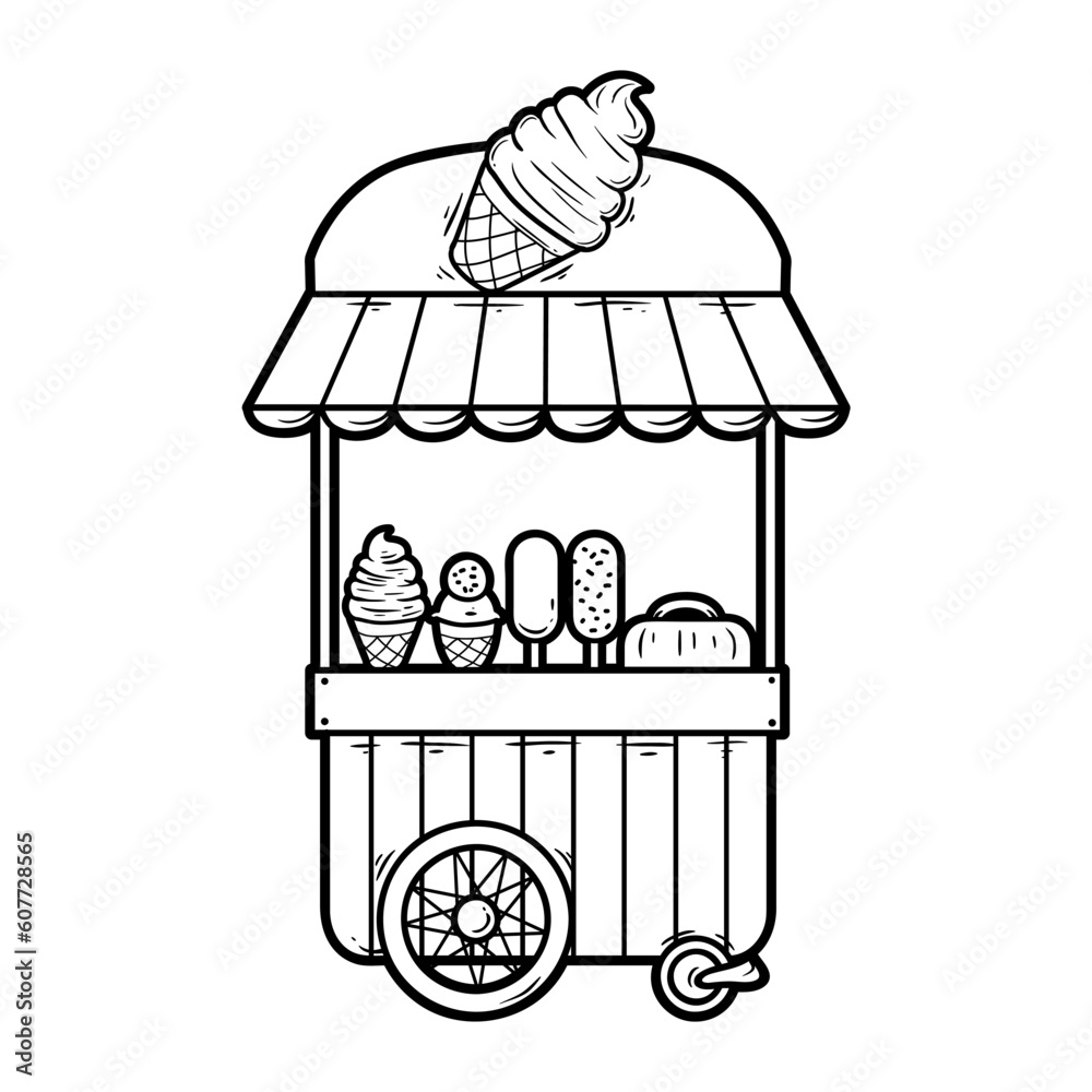 Ice cream stand food hand-drawn outline sketch illustration Stock ...