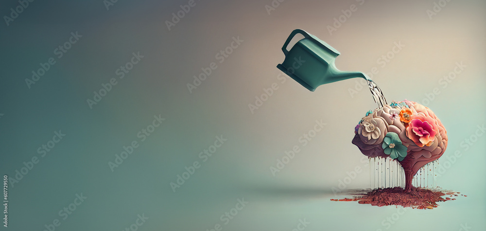 Human brain growing from a flower, watering can is pouring water on the ...