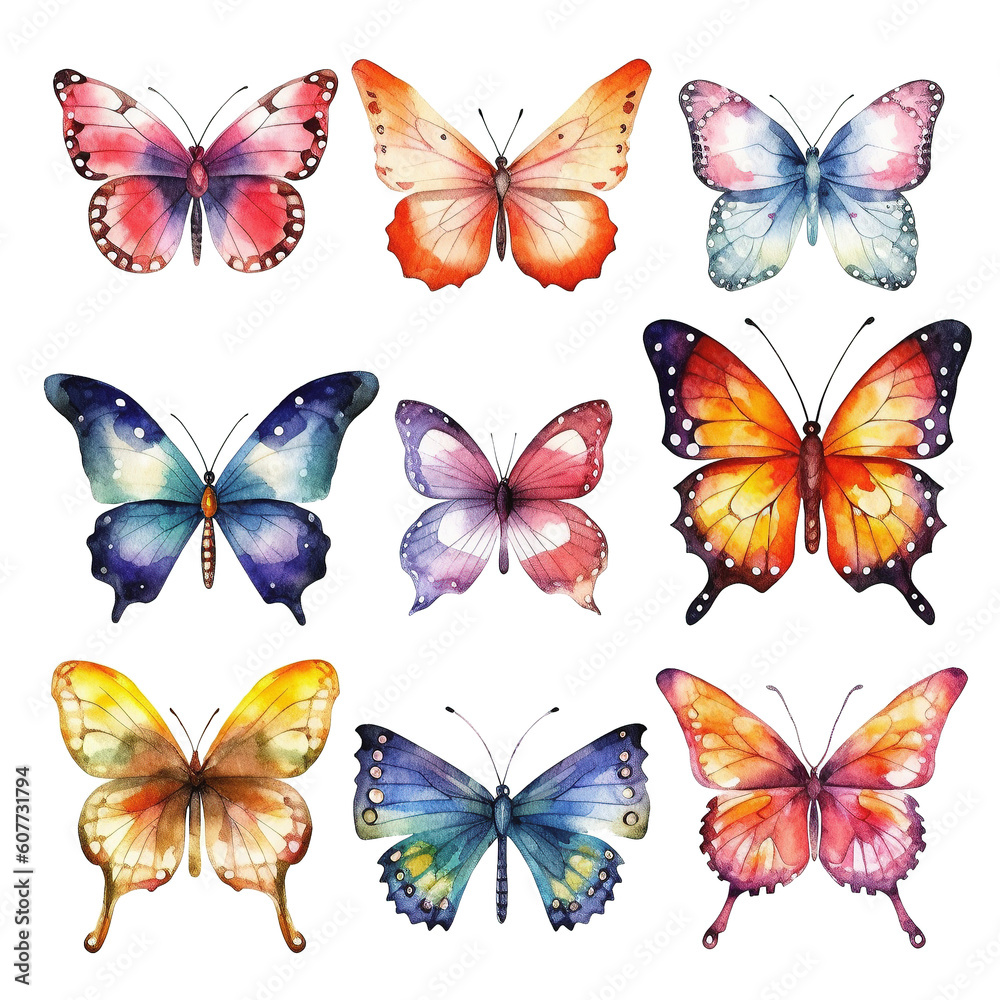 Set of watercolor illustrations depicting bright butterflies isolated ...
