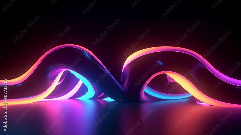 looped 3d animation, abstract neon background with glowing wavy ribbon ...