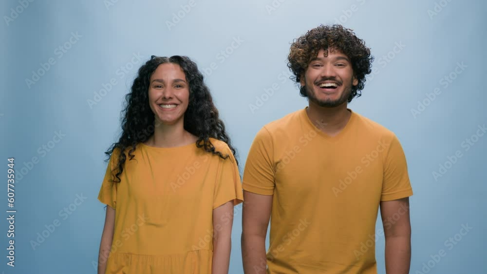 Studio portrait Indian family Arabian happy smiling couple Hispanic ...