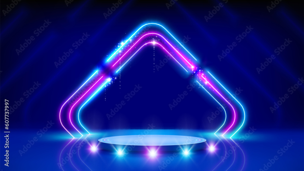 Neon square frame, led arch, podium, light lines. Stage. Glowing ...