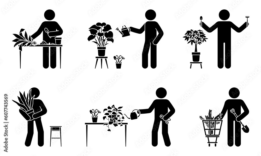 Stick figure male planting home flowers vector illustration set ...