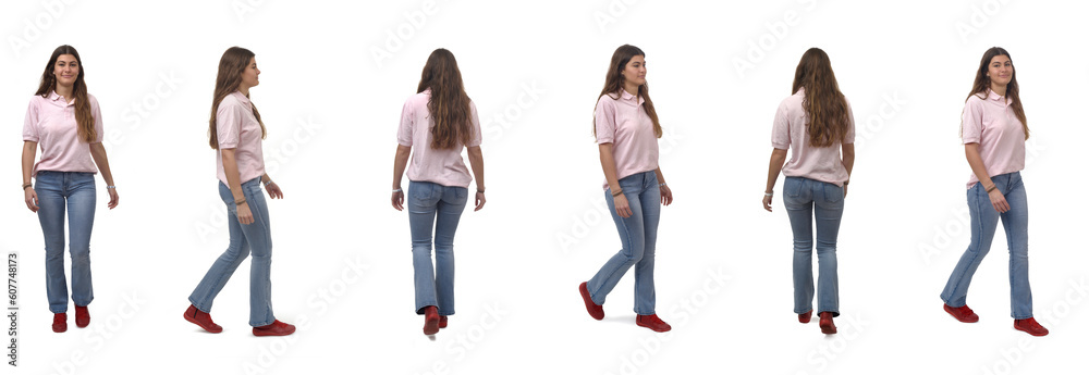 line of front,back and side view of a same young girl walking on white ...