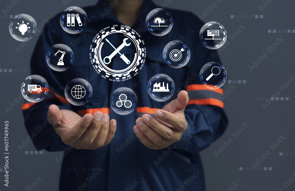 A maintenance engineer holding a wrench symbol and a bubble balloon, a ...