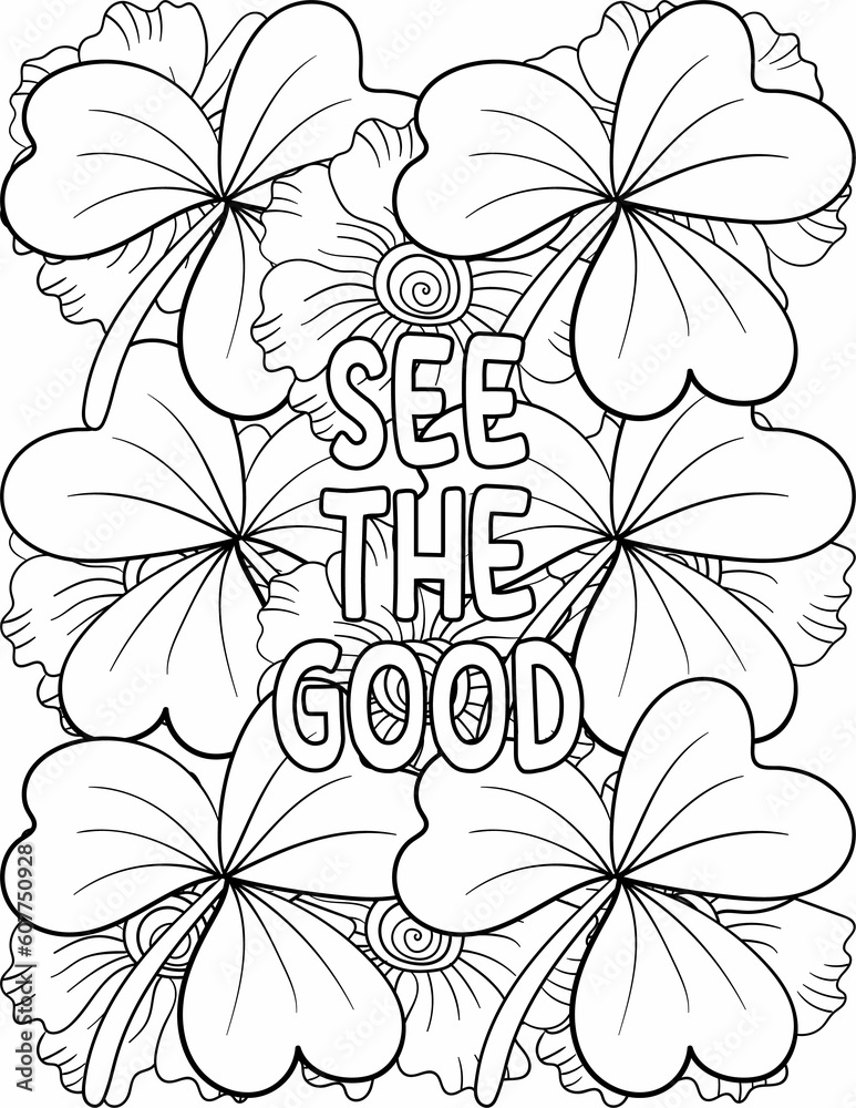Positive affirmation coloring page with a set of flowers and leaves and ...