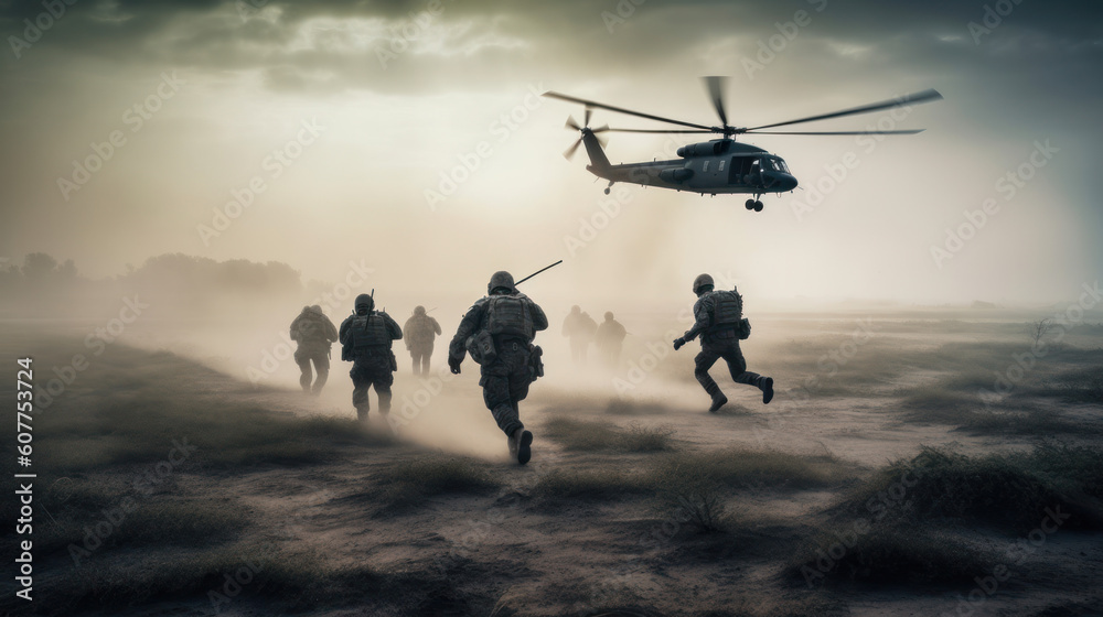 Military soldiers are running to the helicopter in the battlefield. The ...