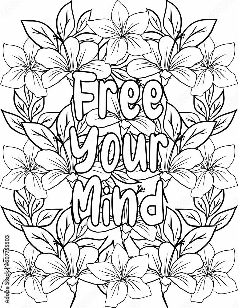 Positive affirmation coloring sheet with a set of flowers and leaves ...