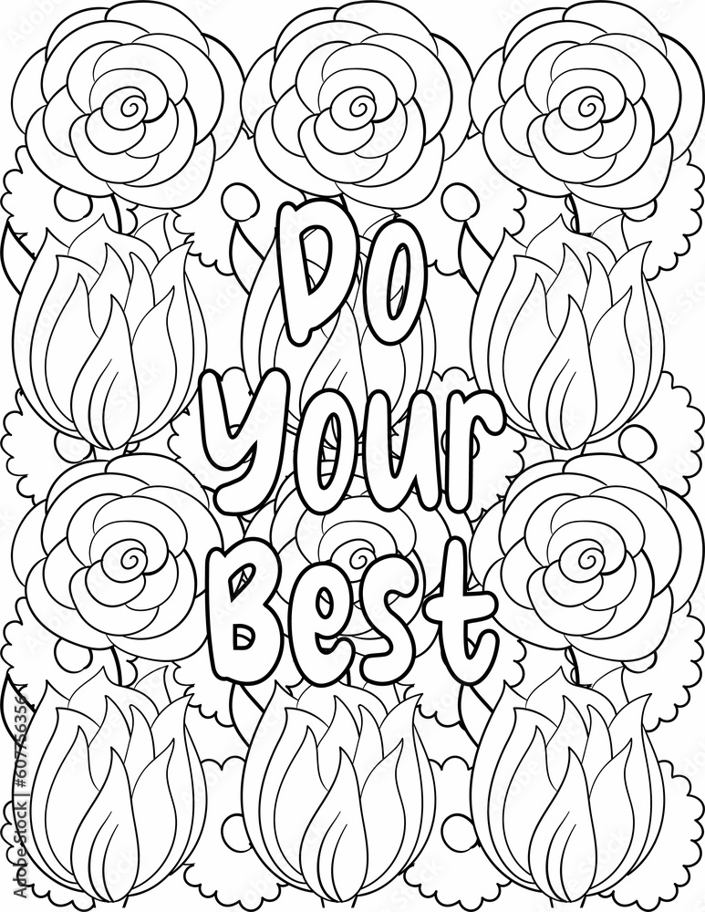 Positive affirmation coloring page with a set of flowers and leaves and ...