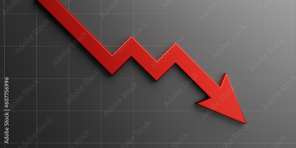 Red 3d arrow down graphic icon sign on decrease economic web background with loss business chart ...