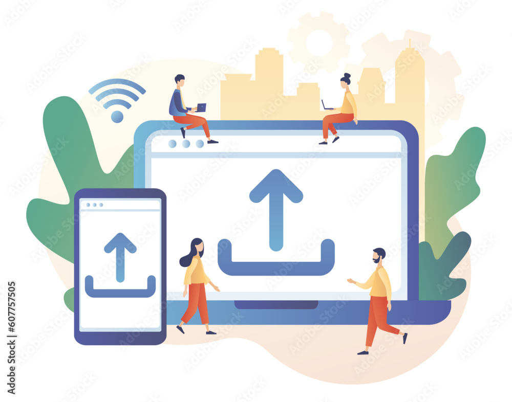 Upload symbol. Tiny people uploading data, files from smartphone and ...