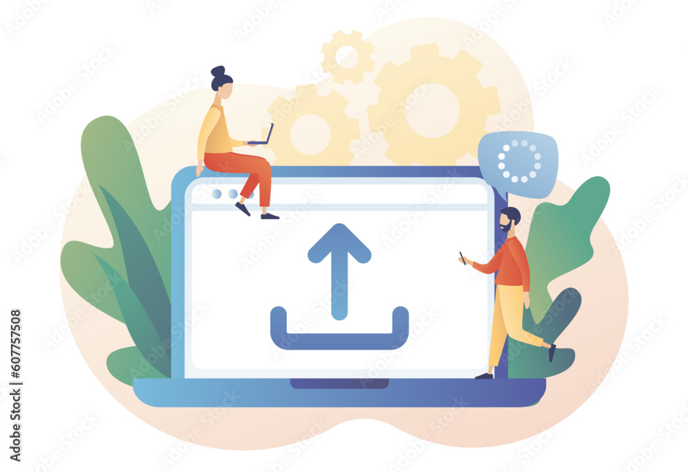 Upload symbol. Tiny people uploading data, files from laptop. Load sign ...