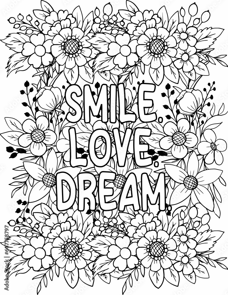 Printable positive affirmation coloring sheet with a set of flowers and ...