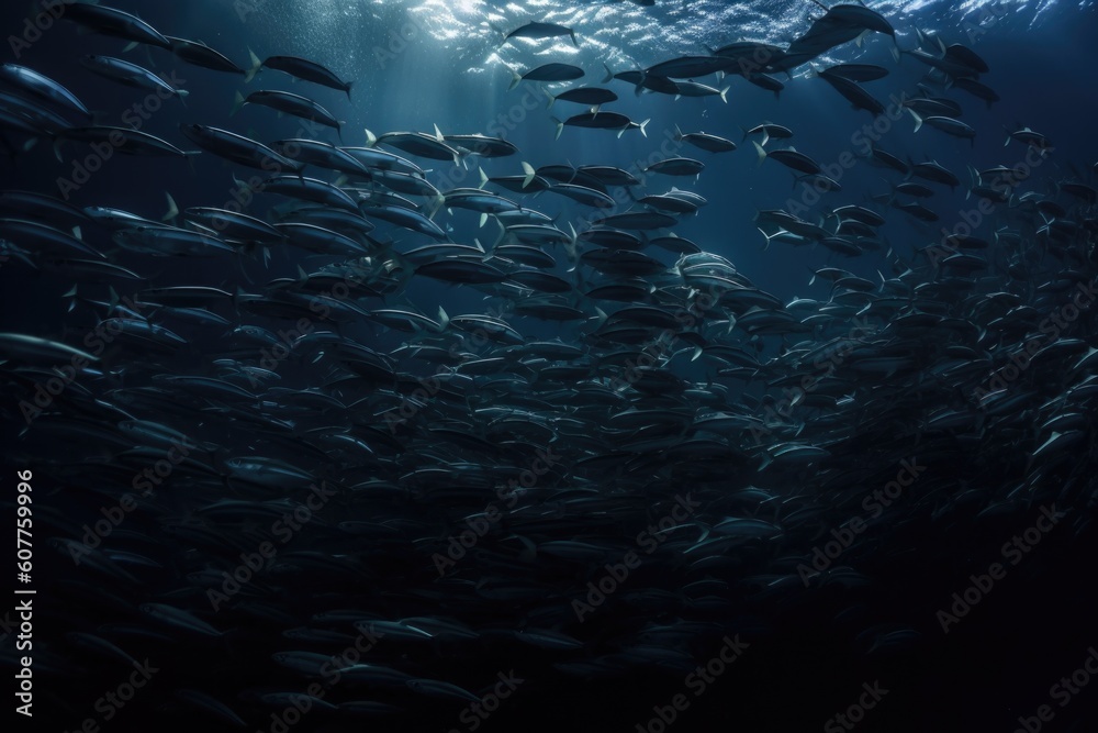 schools of fish swimming through the dark depths with their scales and ...