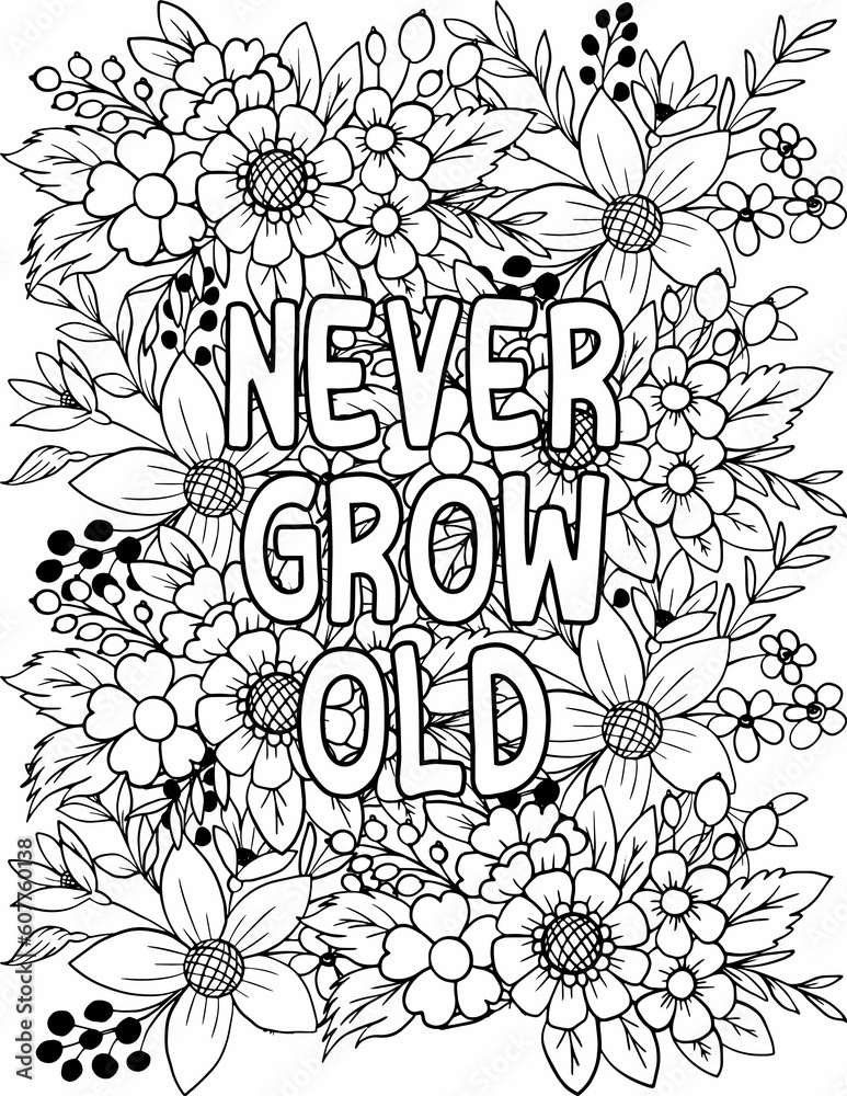 Positive affirmation coloring sheet with a set of flowers and leaves ...