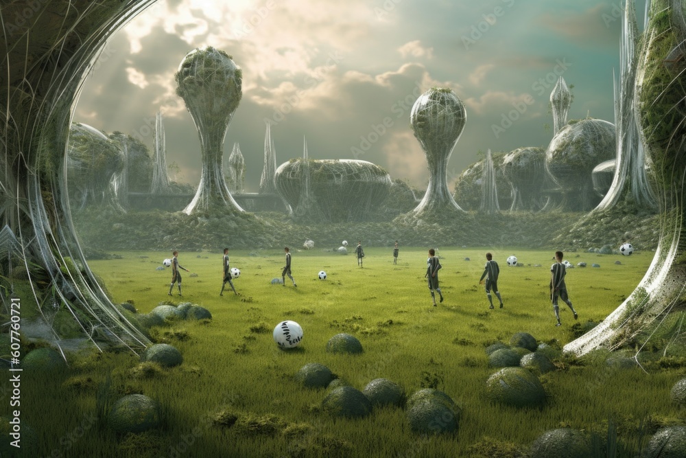 aliens playing soccer on a futuristic, otherworldly field, created with ...