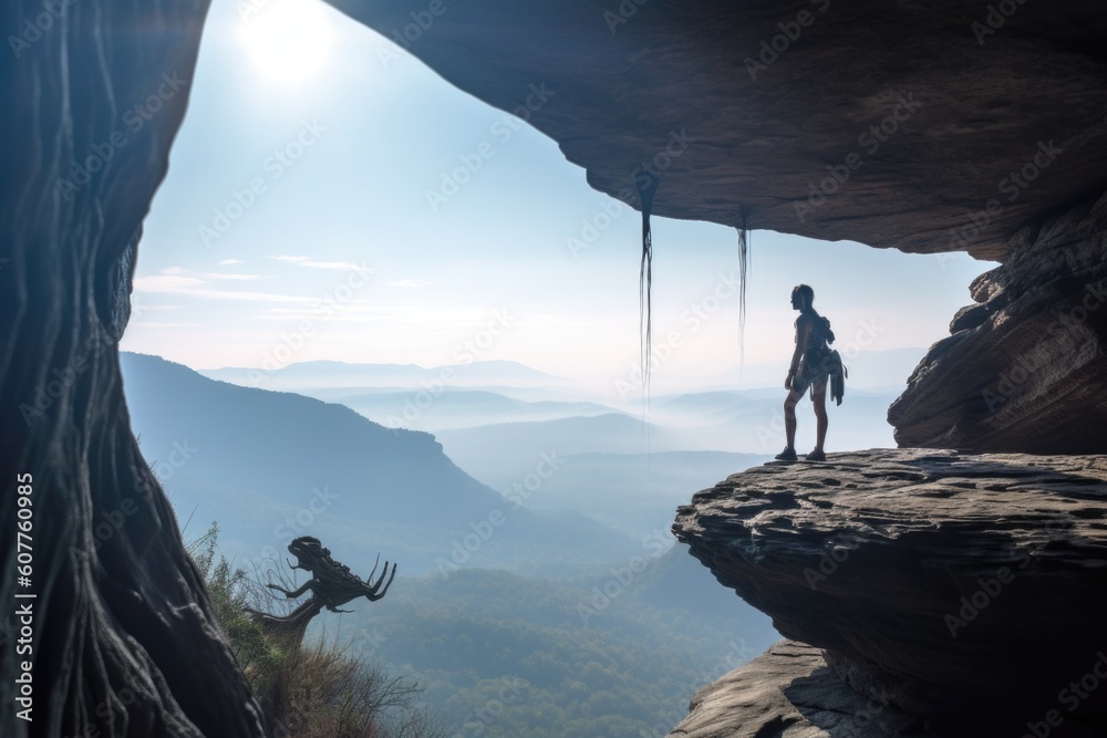 alien hiker climbing rocky cliff trail, with stunning view at the top ...