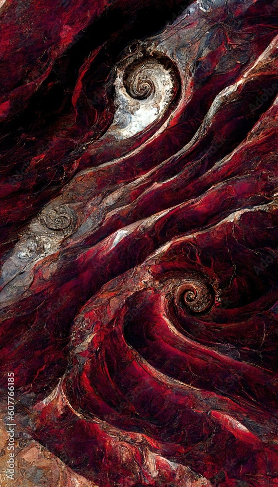 Fossilized ammonite sea shell spirals embedded into dark scarlet red ...