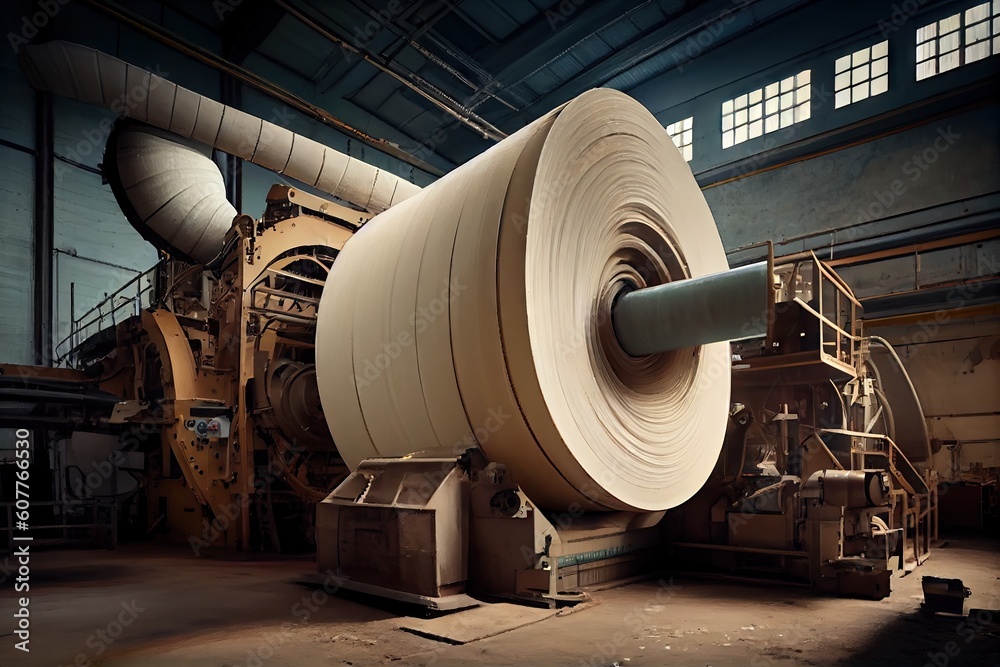 pulp and paper factory, with huge machines churning out rolls of paper ...