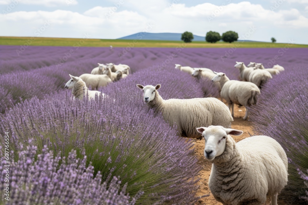 lavender field with flock of white sheep grazing, created with ...