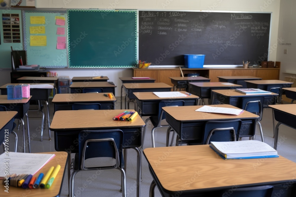 empty classroom with chalkboard, books, and writing utensils ready for ...