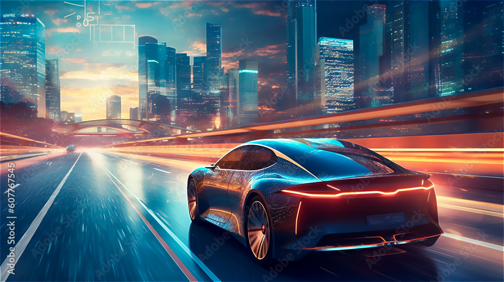 futuristic car driving on the road through futuristic skyline ...