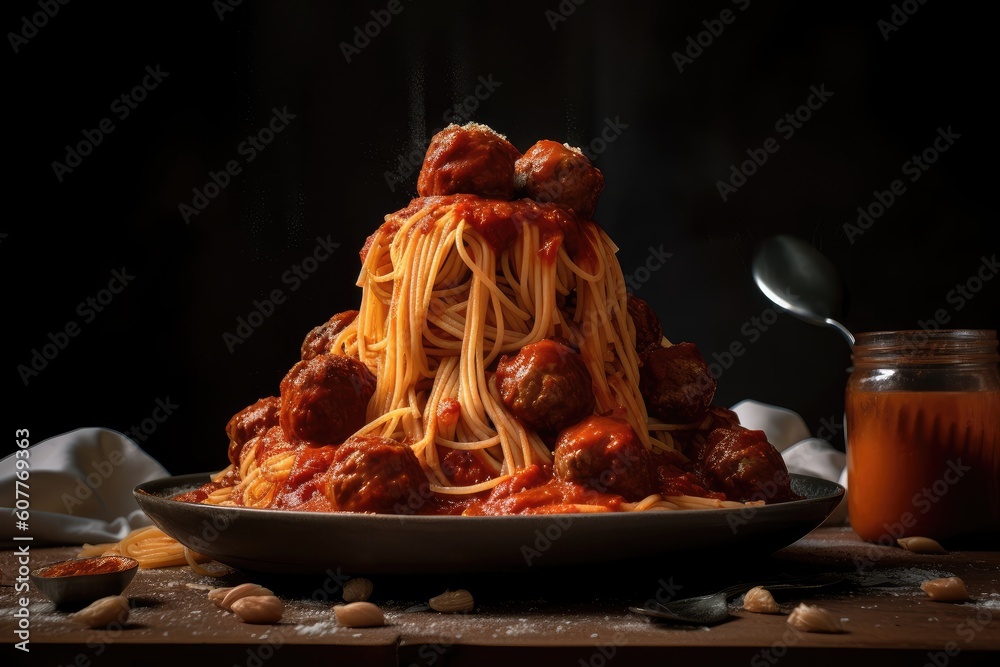 pile of spaghetti with red sauce and meatballs, created with generative ...