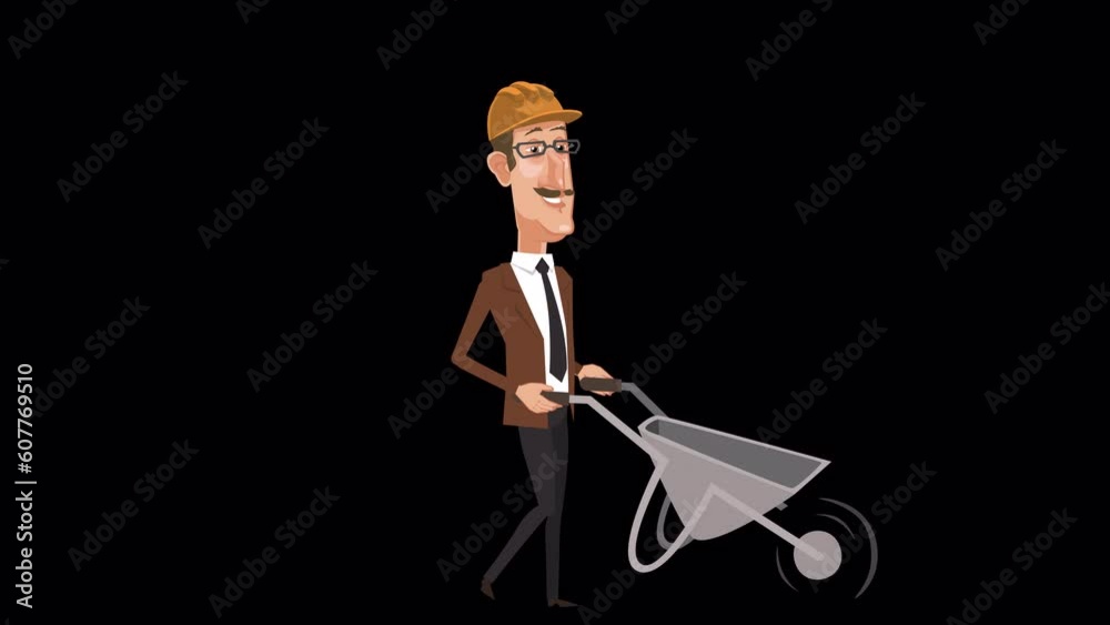 Cartoon design engineer character walking cycle and pushing hand barrow ...