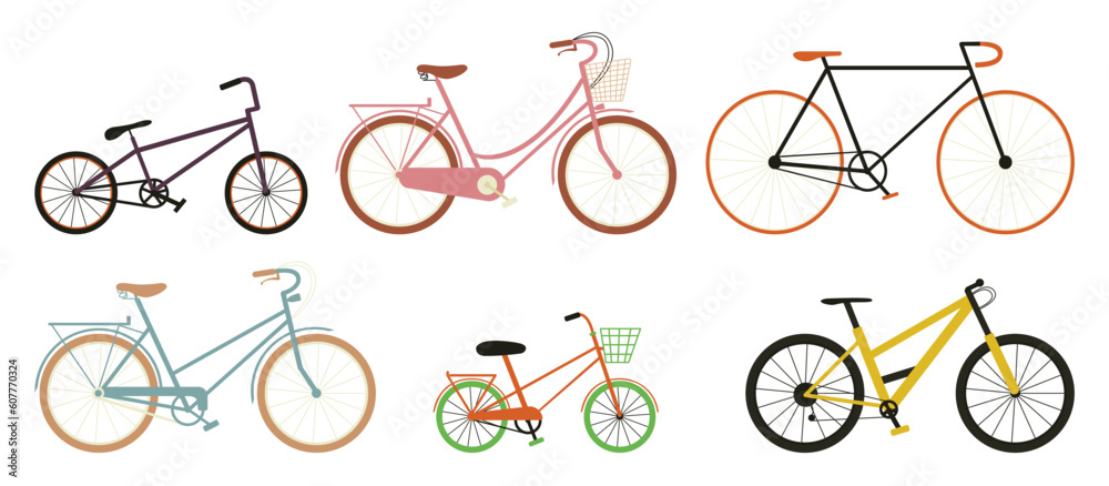 Vector set of coloured bicycles different tipes: hybrid, single speed, bmx, road bike, mountain ...