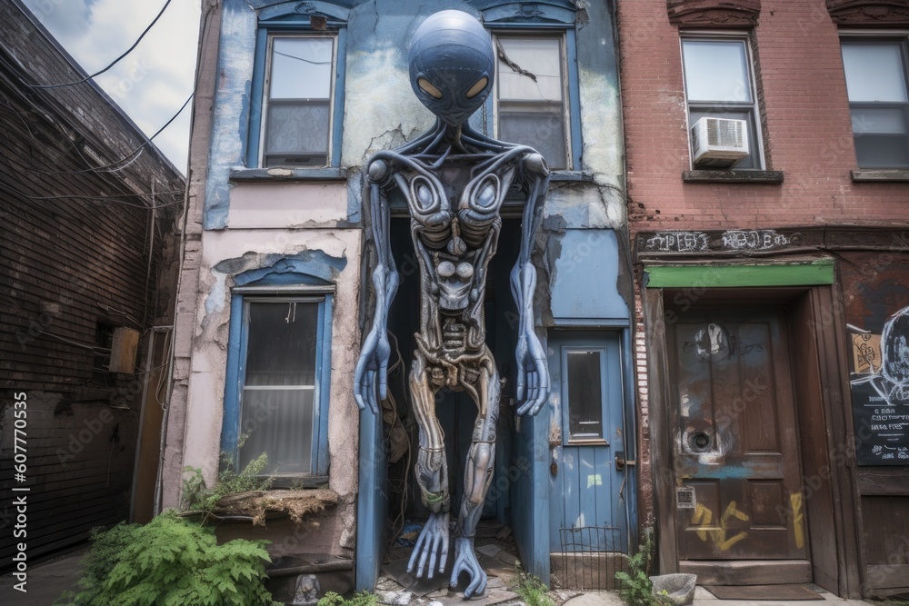 alien figure adorning a run-down building and bringing new life to the ...