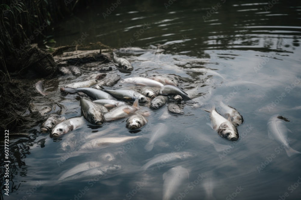 dead fish floating on the surface of a polluted river, created with ...
