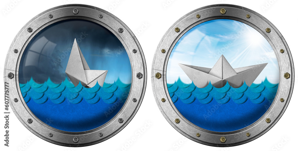 Paper boat in the blue waves of the sea with blue sky, clouds and sun ...