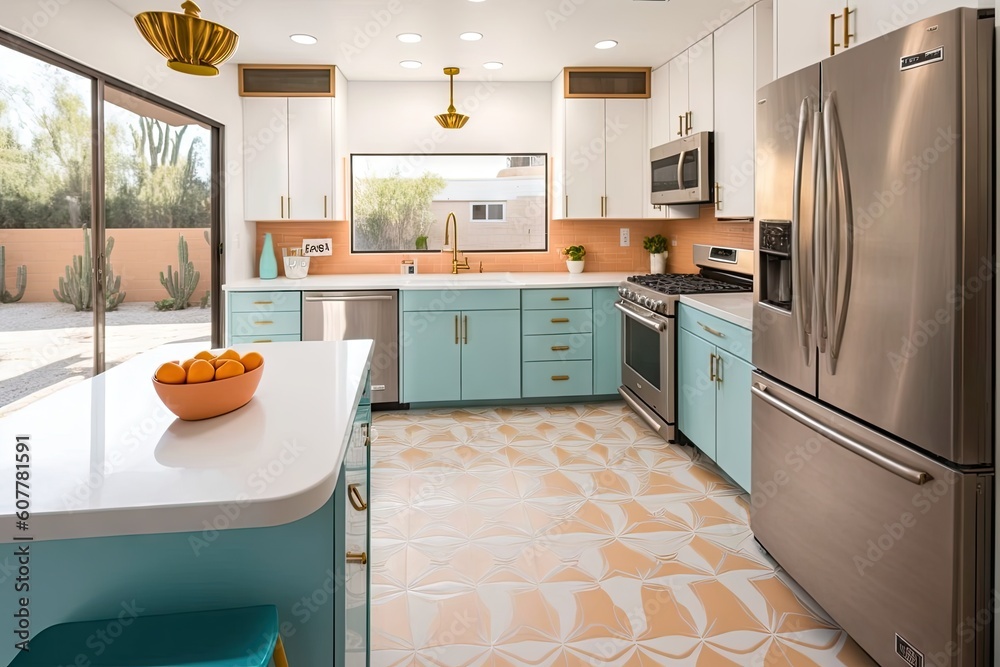 mid-century modern kitchen, with sleek countertops and retro appliances ...