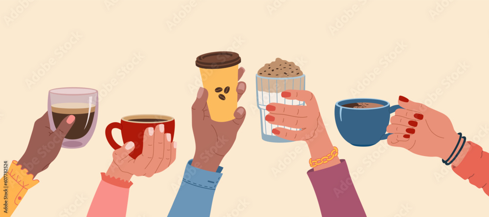 Set of diverse woman hands holding a cups of coffee, espresso or ...