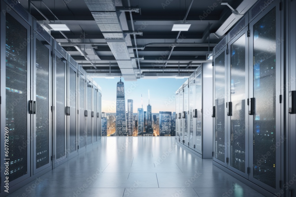 data center with view of the city skyline in modern metropolis, created ...