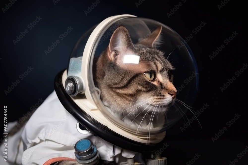 feline astronaut with helmet and oxygen mask, exploring the depths of ...