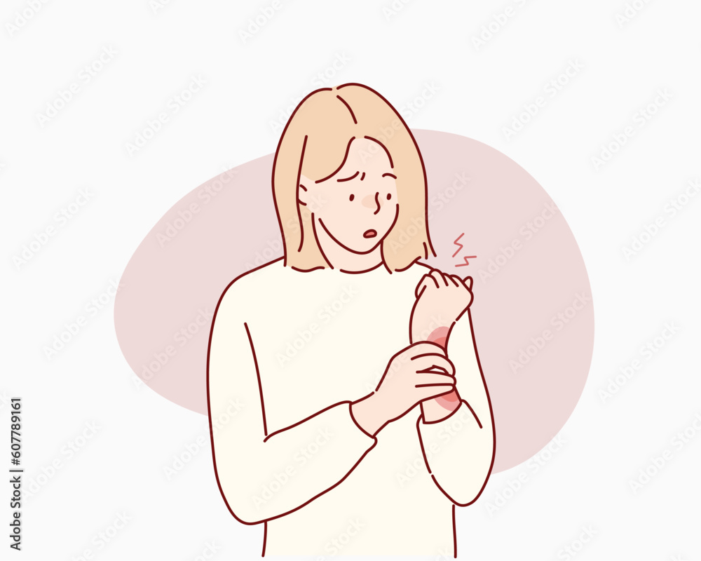 Tormented suffering from woman hurting holding painful wrist. Hand ...