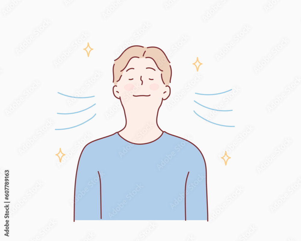 boy is doing breathing exercise, deep exhale and inhale. Breathing ...