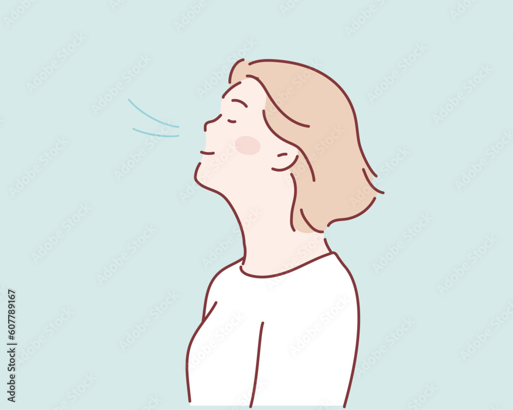 Girl is doing breathing exercise, deep exhale and inhale. Breathing ...