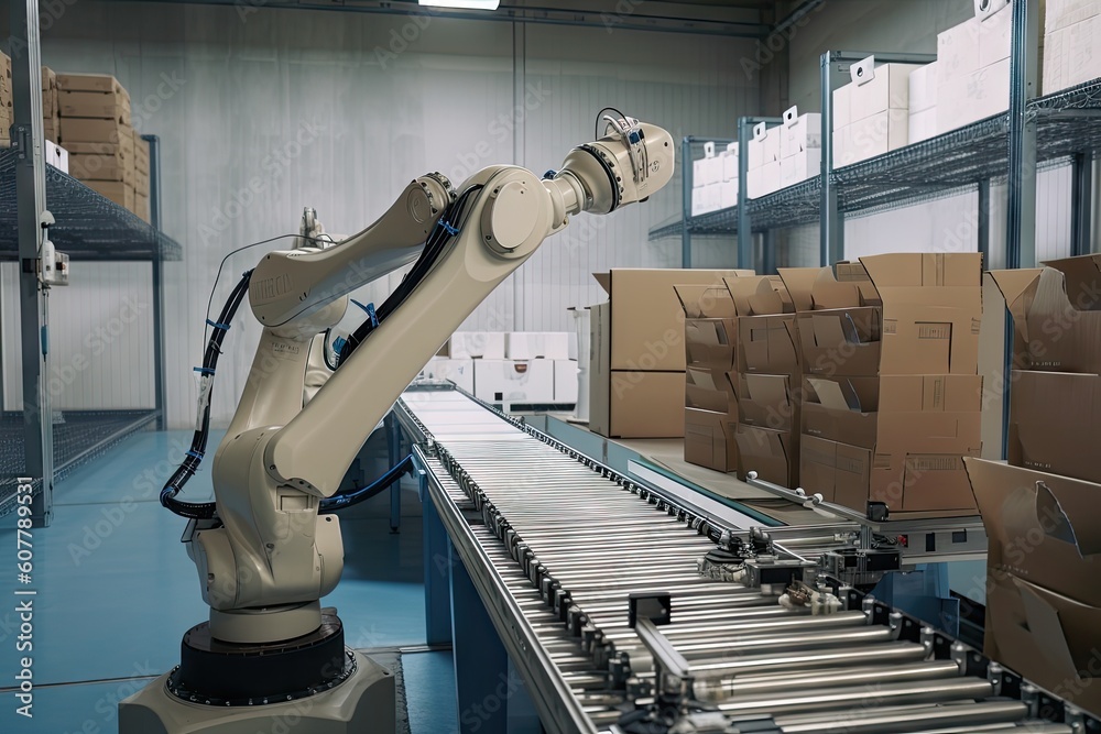packaging and sorting robot, with its mechanical arms moving swiftly to ...