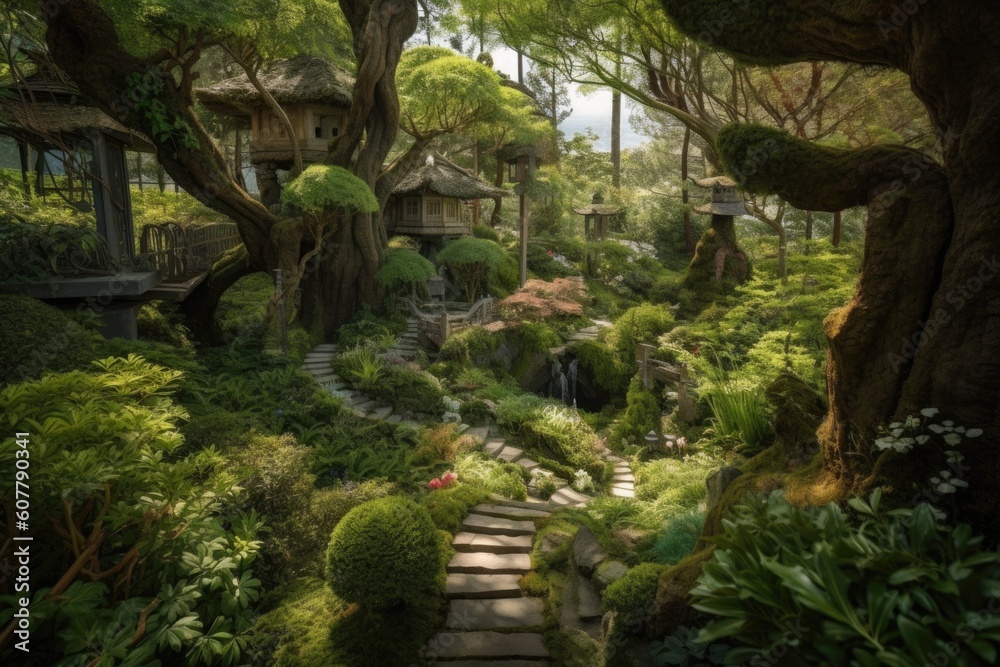 fantasy garden with towering trees, winding paths, and hidden grottos ...