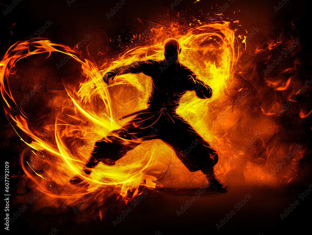 A Shaolin monk on a burning background of fire swirls, generative AI ...