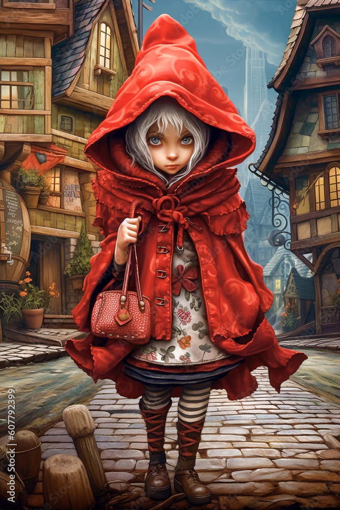 Painting of a modern little red riding hood in quirky city setting - ai ...