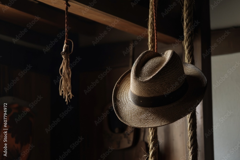 cowboy hat hanging from the ceiling with a rope attached, creating a ...