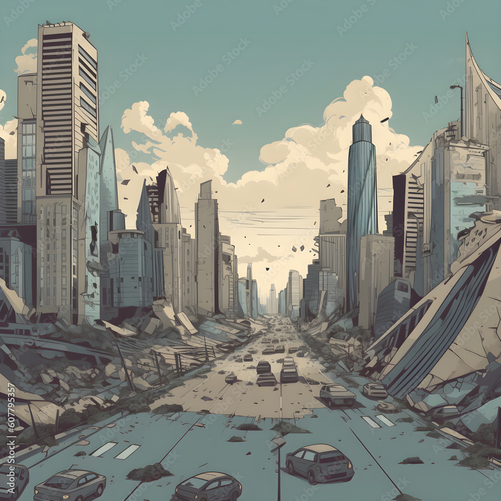 End of the worlsd illustration. Empty street of bombed out city ...