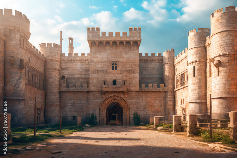 Paved courtyard of a medieval castle. Cinematic light, volumetric light ...