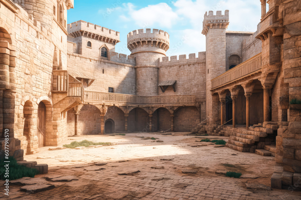 Paved courtyard of a medieval castle. Cinematic light, volumetric light ...