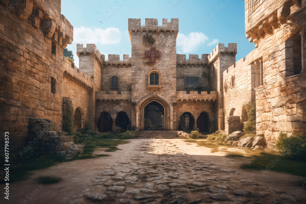 Paved courtyard of a medieval castle. Cinematic light, volumetric light ...